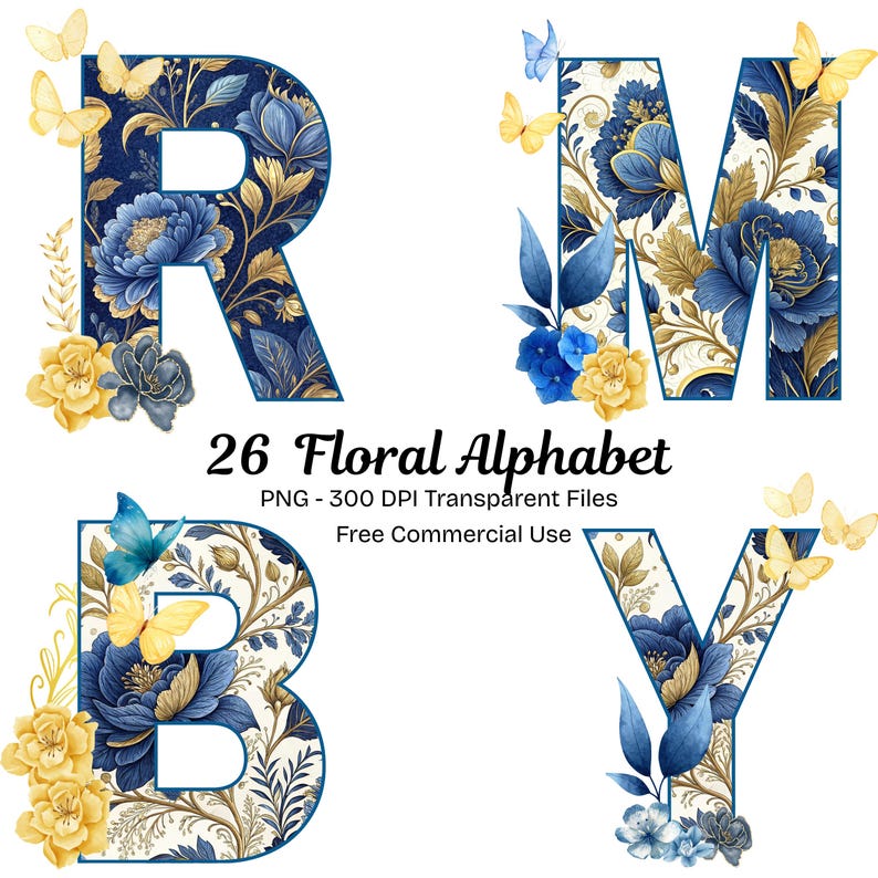 Floral Alphabet Letter Clipart Bundle - 26 PNG High Resolution 300dpi ...
