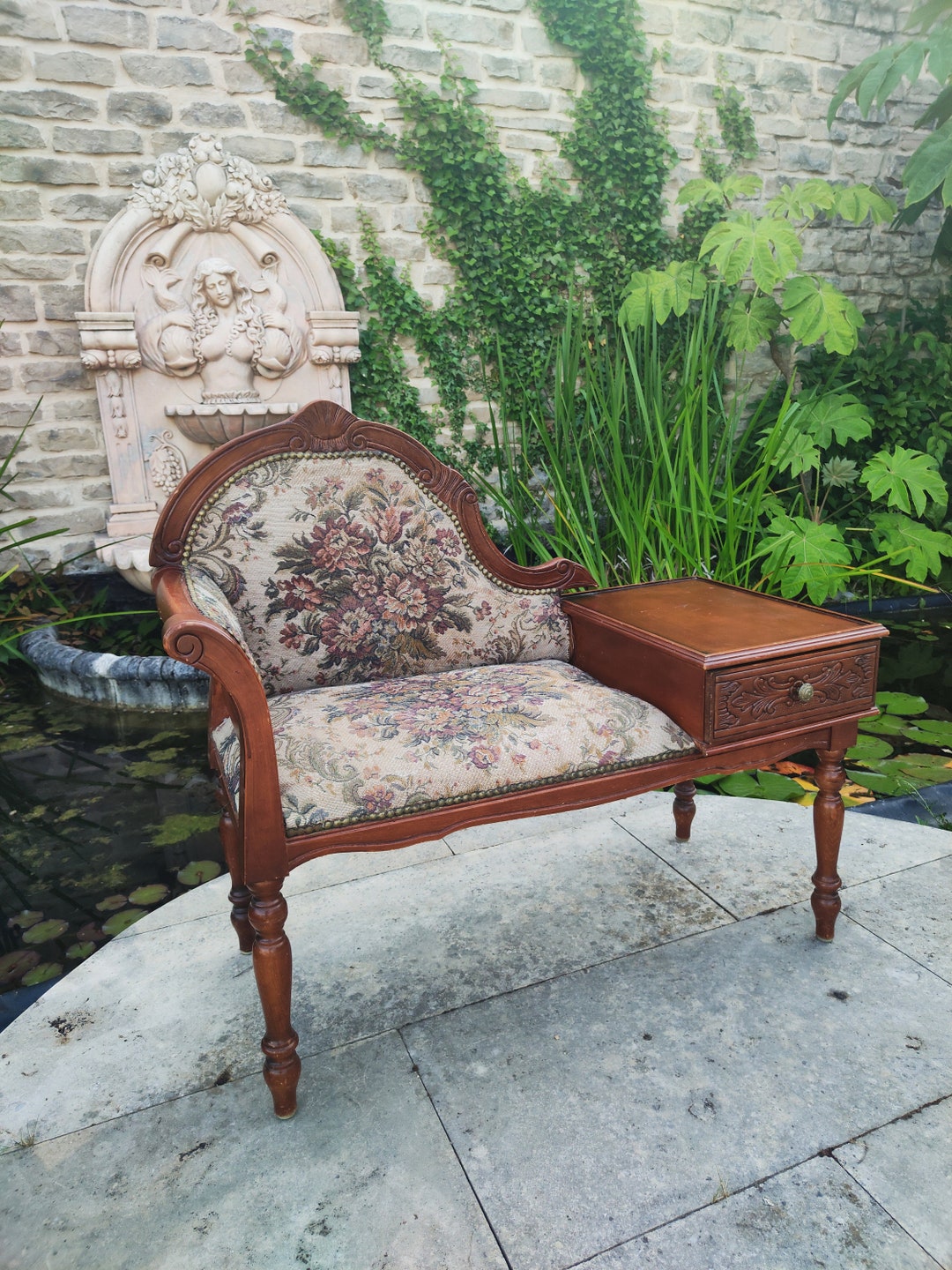French Vintage Furniture Telephone Seat Fruit Wood Fabric Flowers Louis ...
