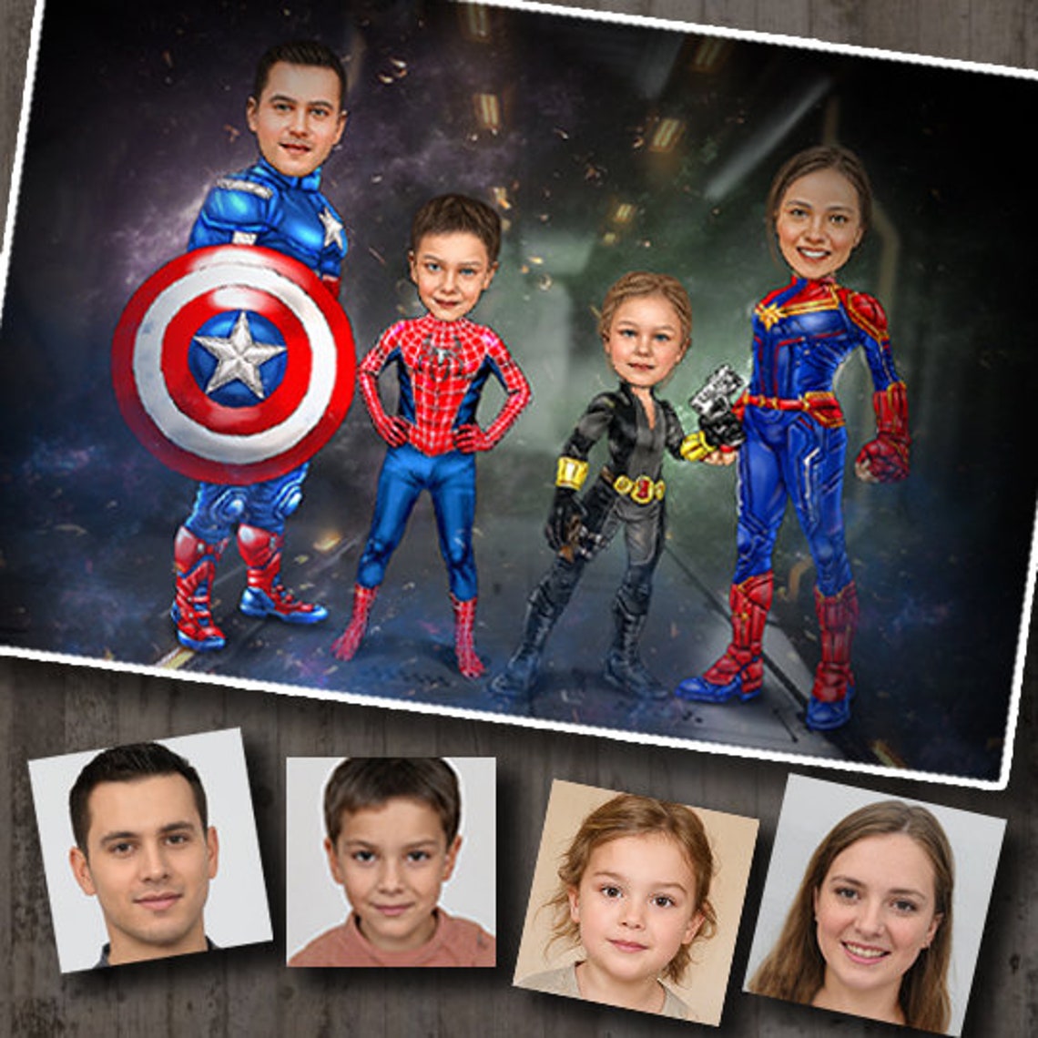 Family of 4 Superheroes - Custom Superhero Cartoon Caricature Drawing ...