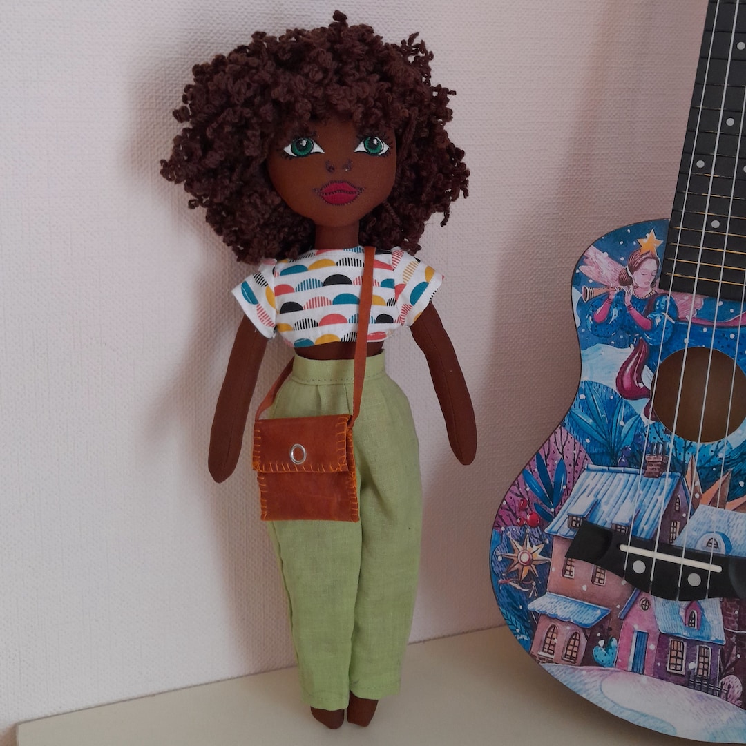 Black Rag Doll With Curly Hair, African American Doll, Handmade Brown ...