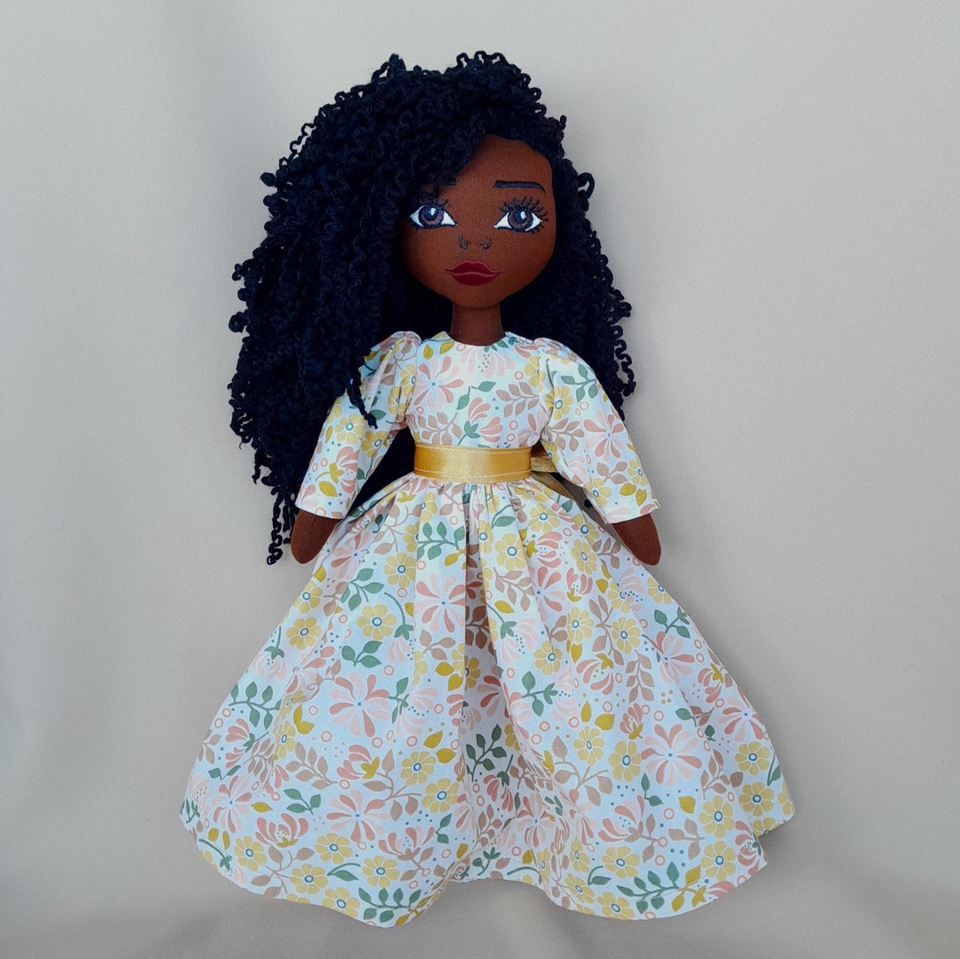 Handmade Black Doll With Curly Hair and Floral Dress - Soft Rag Doll ...