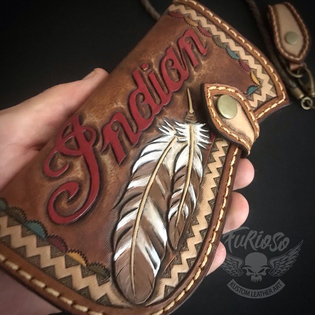 Indian Biker Wallet, Hand Carved Leather Wallet, Mens Wallet, Long ...