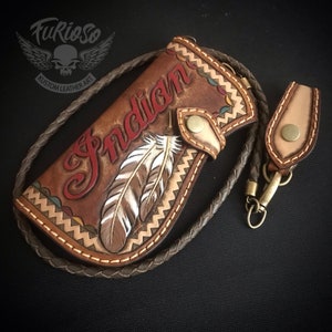 Indian Biker Wallet, Hand Carved Leather Wallet, Mens Wallet, Long ...