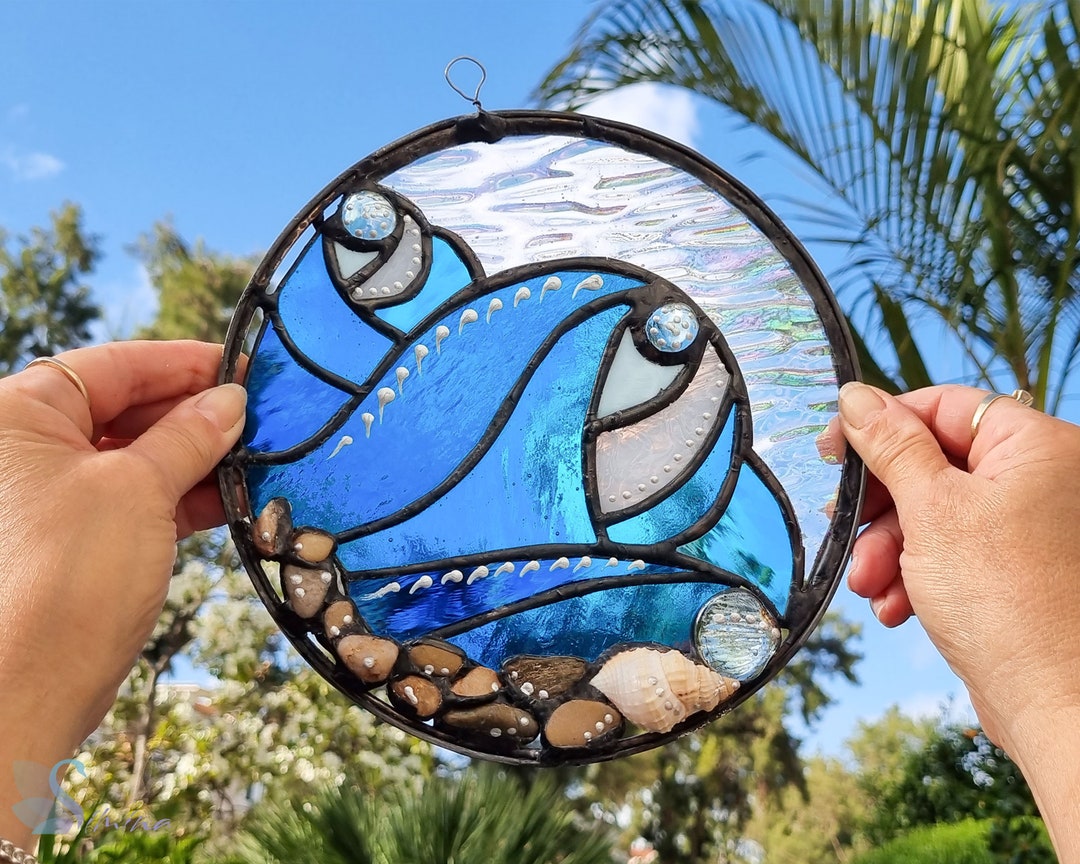 Stained Glass Stormy Sea With Seashells, Suncatcher Colorful, Stained ...