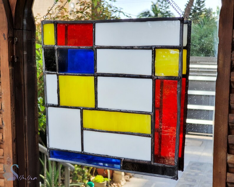 Stained Glass Mondrian Inspired, Suncatcher Colorful, Stained Glass ...