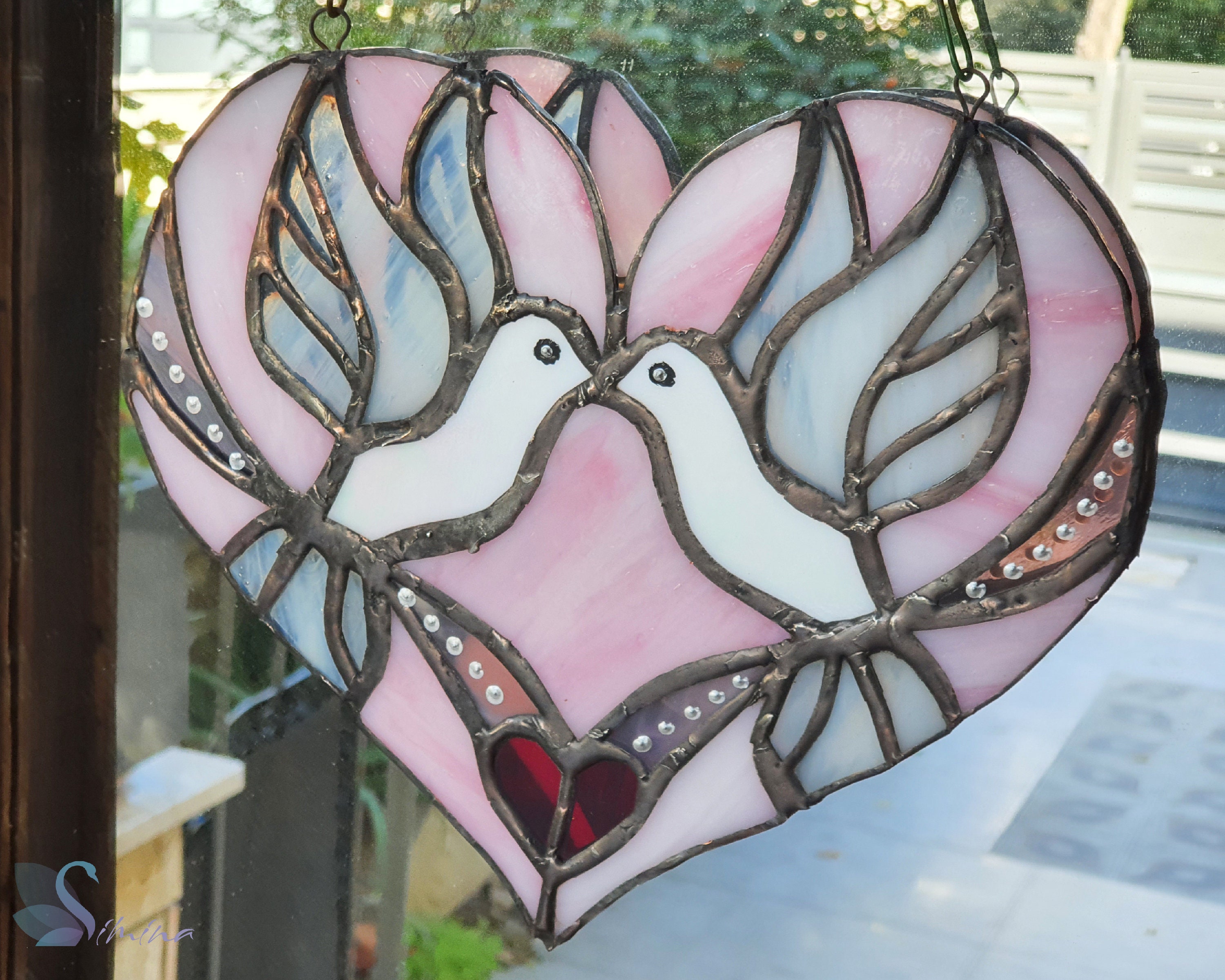 Stained Glass Pigeons in a Heart Suncatcher Colorful Stained - Etsy