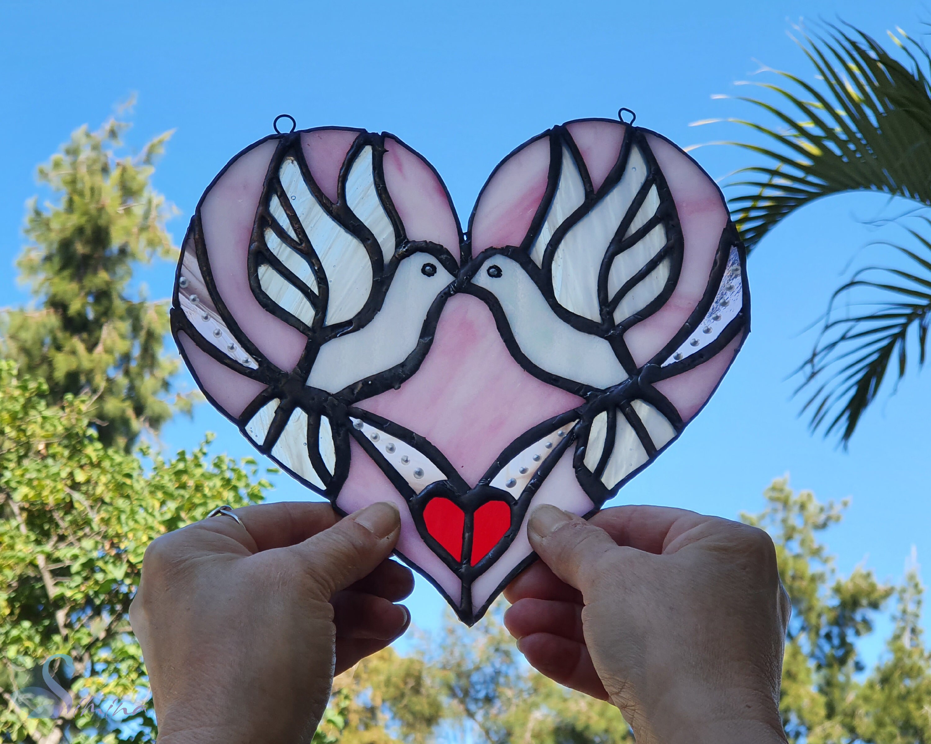 Stained Glass Pigeons in a Heart, Suncatcher Colorful, Stained Glass ...