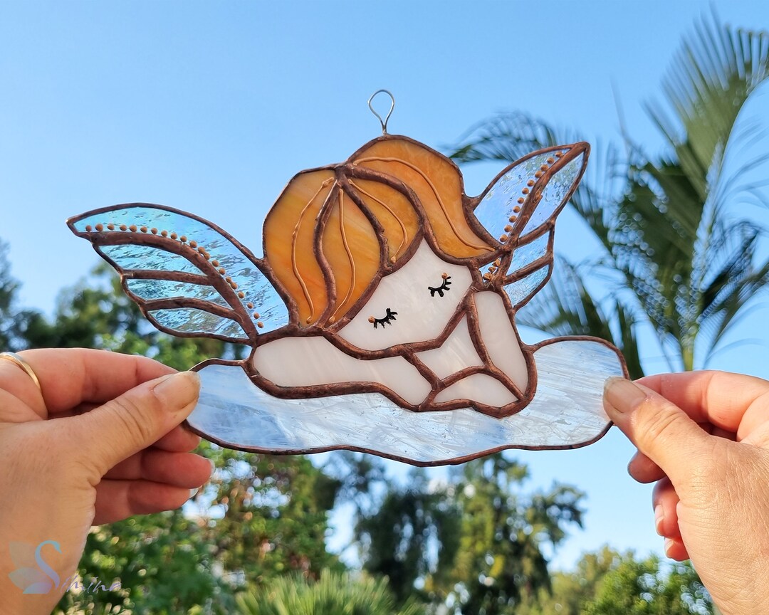 Stained Glass Sleeping Angel on a Cloud Suncatcher Colorful,stained ...