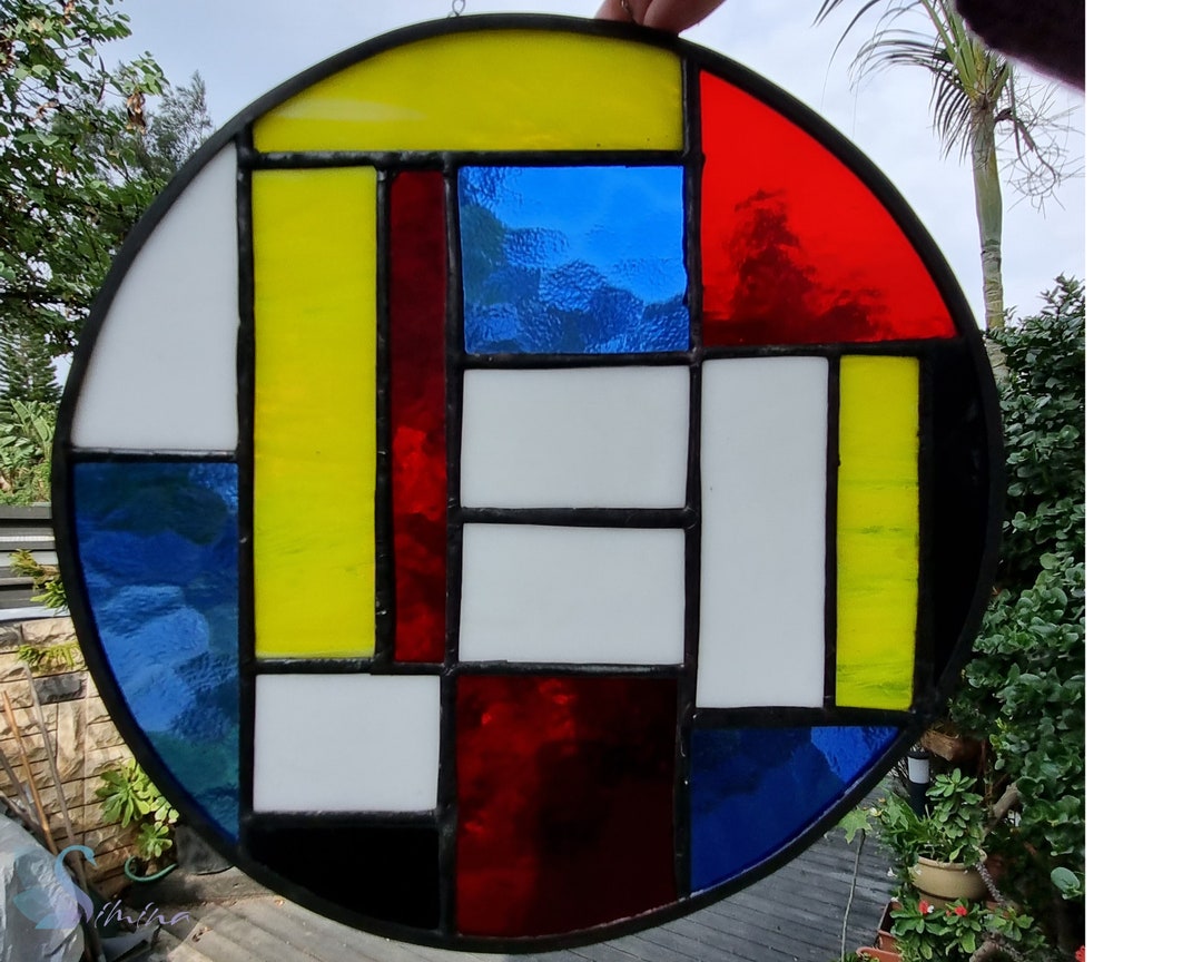 Stained Glass Mondrian Inspired Round Suncatcher Colorful - Etsy