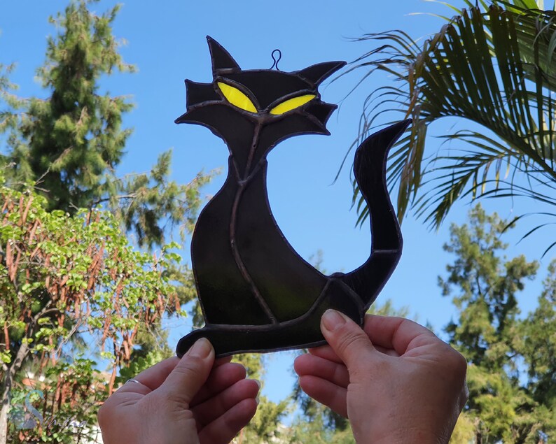 Stained Glass Black Cat,suncatcher Colorful,stained Glass,vitrail,home ...