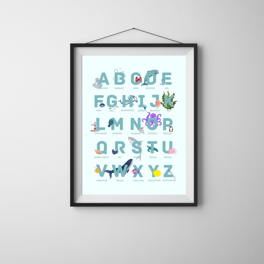 Digital Sea Themed Alphabet Wall Art, Ocean Nursery Print, Sea Themed ...