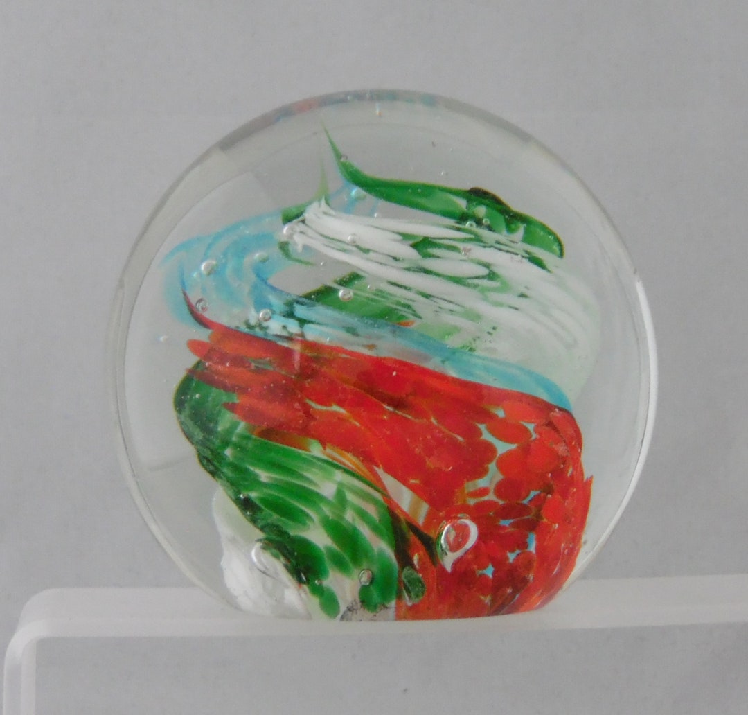 Vintage Glass Paperweight With Green Red Blue and White Detail Within ...