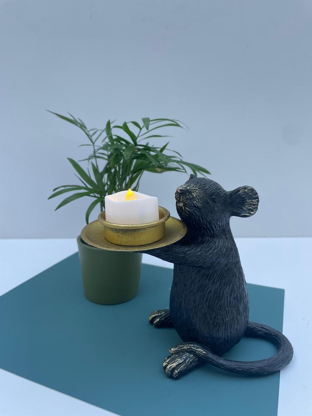 A Single Antiqued Black & Gold Mouse Tea Light Candle Holder - Left ...