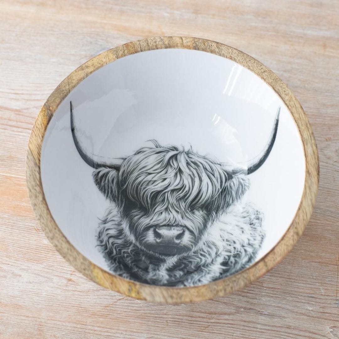 A Rustic Wood and Enamel Cow Design Bowl - Etsy