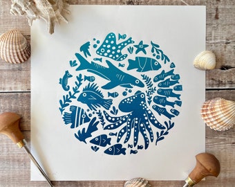 Ocean Themed Linocut - Etsy