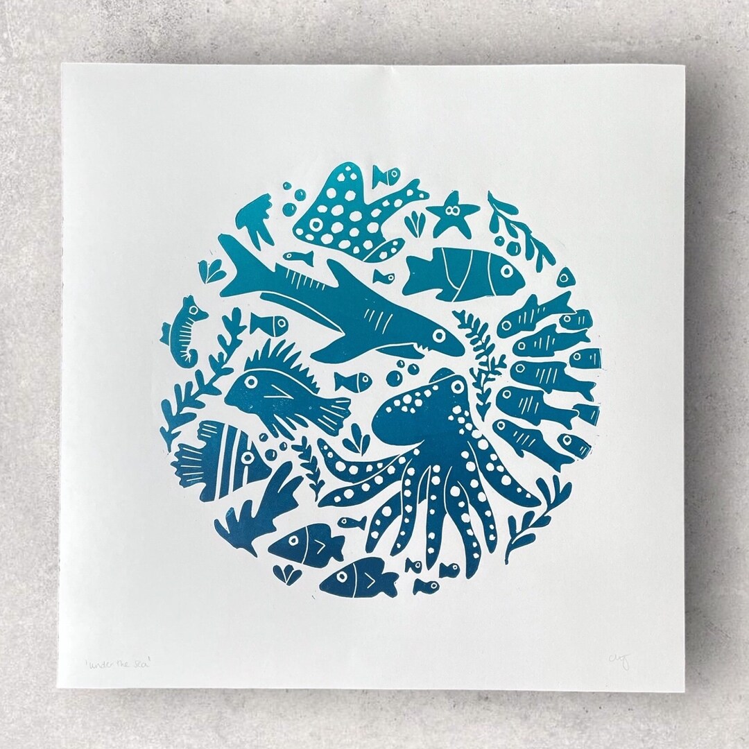 Under the Sea, Ocean Linocut Print, seconds Sale Sea Themed, Octopus ...