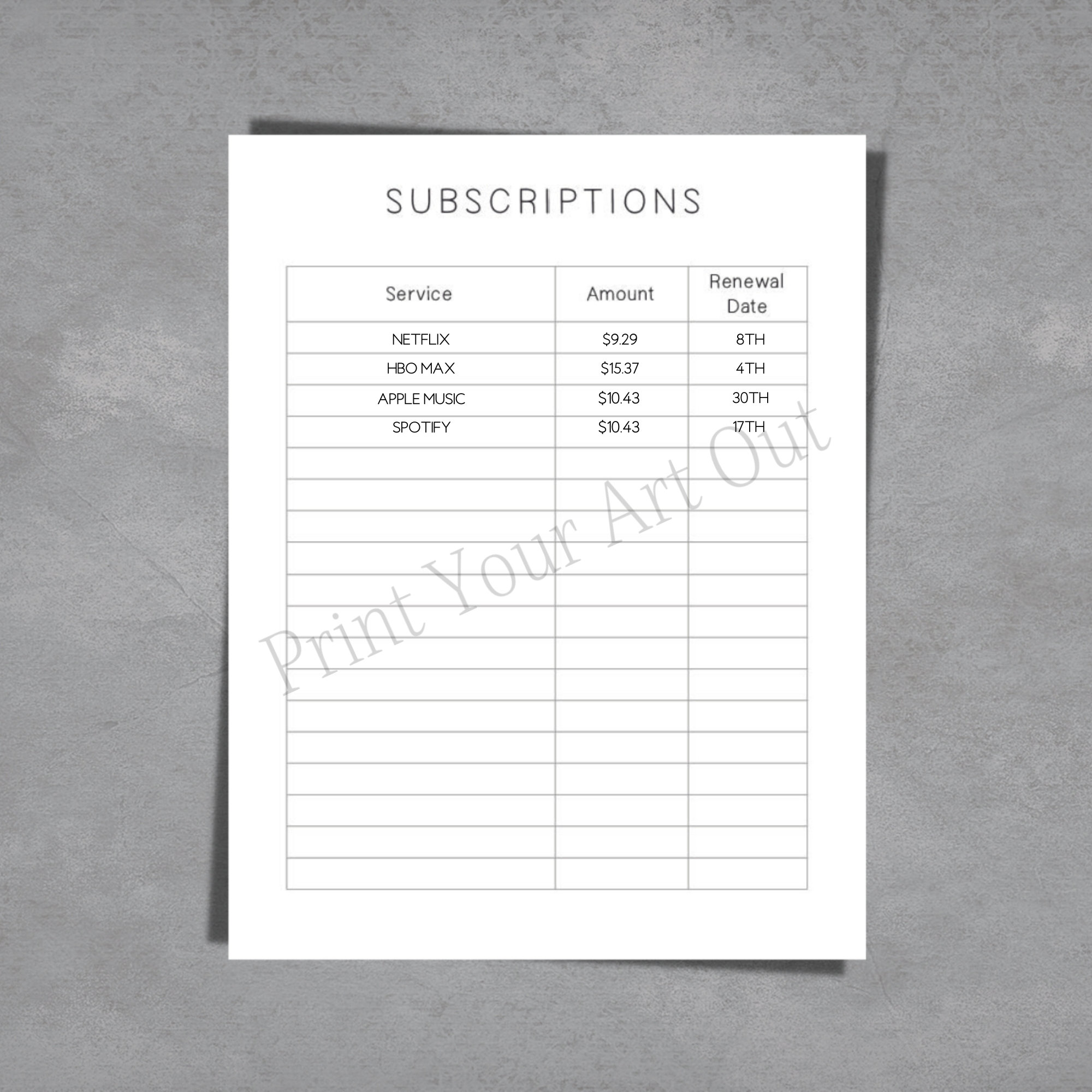 Subscriptions Tracker Printable, Digital Download, Subscription Tracker ...