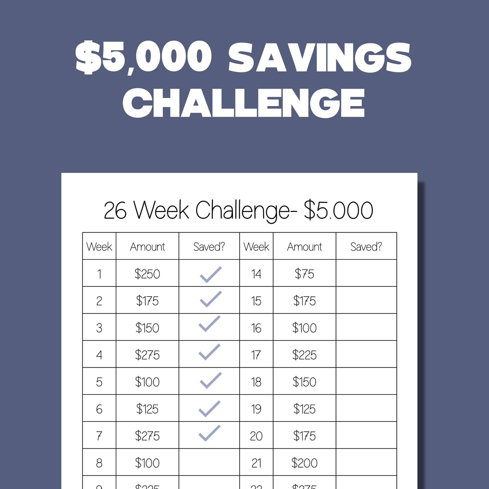 5k Savings, 26 Week Savings, 5k Savings Challenge, Savings Challenges ...