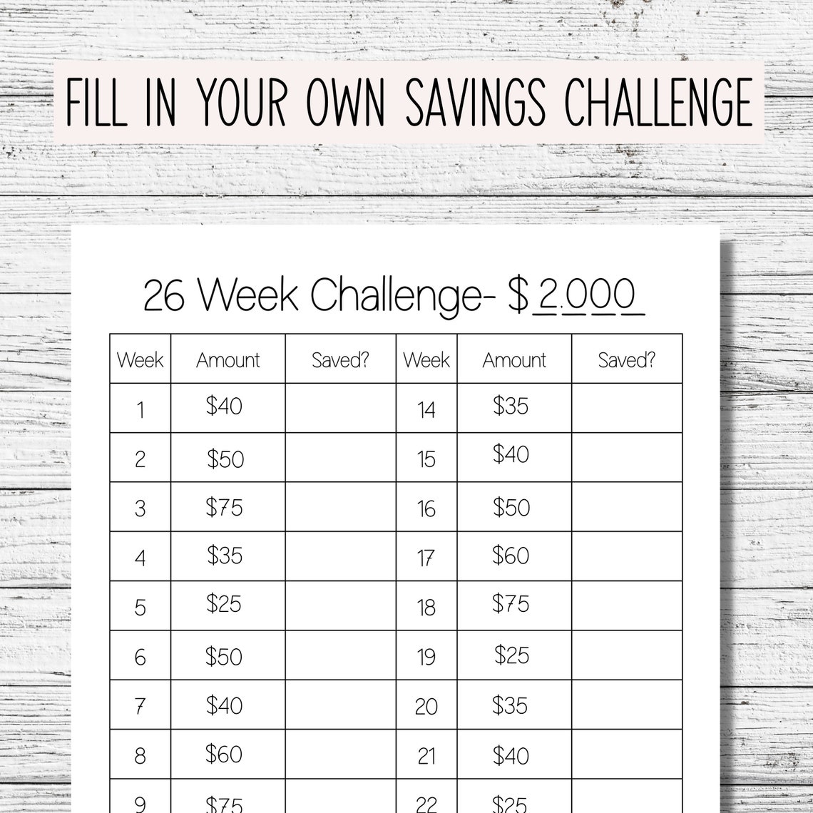 26 Week Savings Challenge Editable, 26 Week Challenge, 26 Week Savings ...