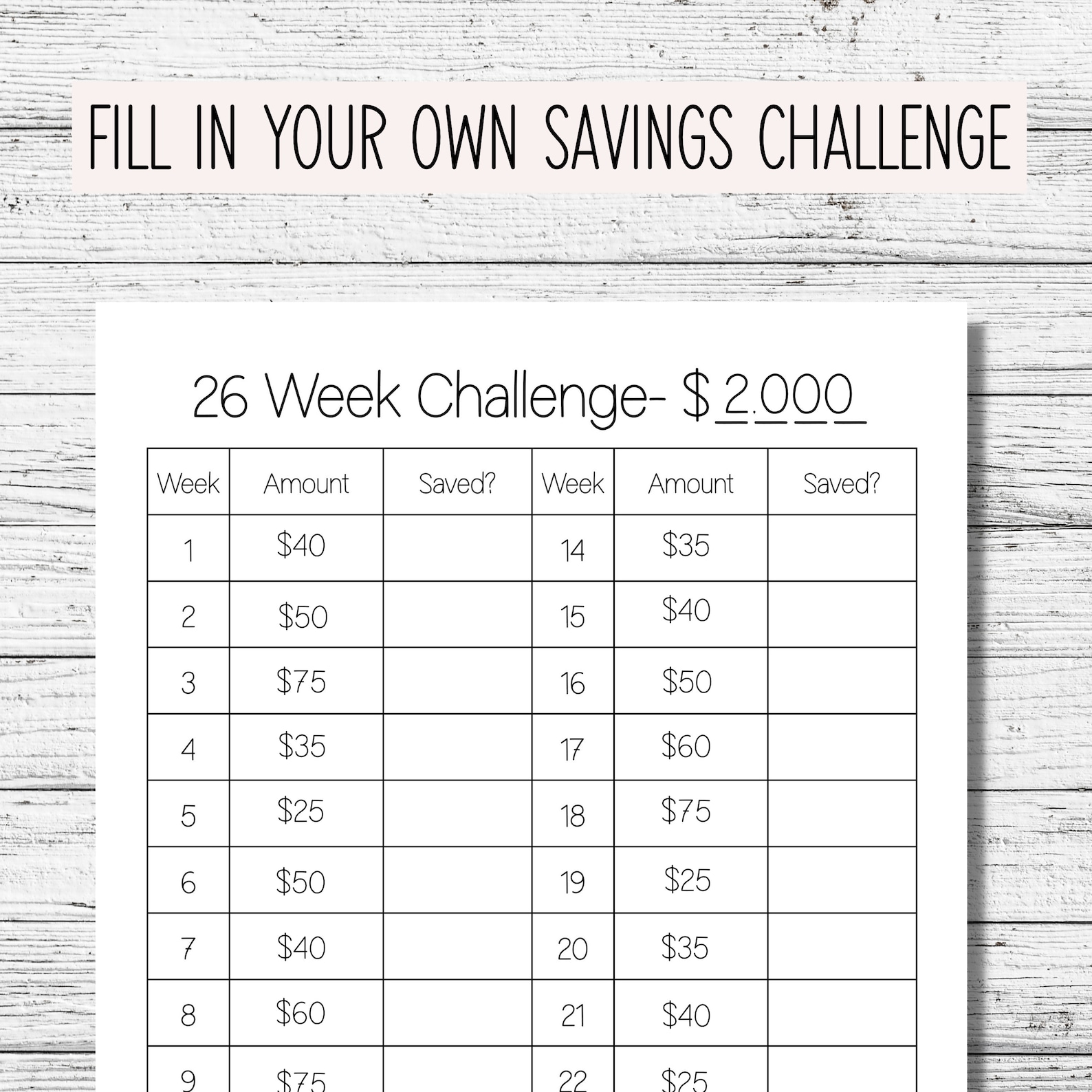 26 Week Savings Challenge Editable, 26 Week Challenge, 26 Week Savings ...