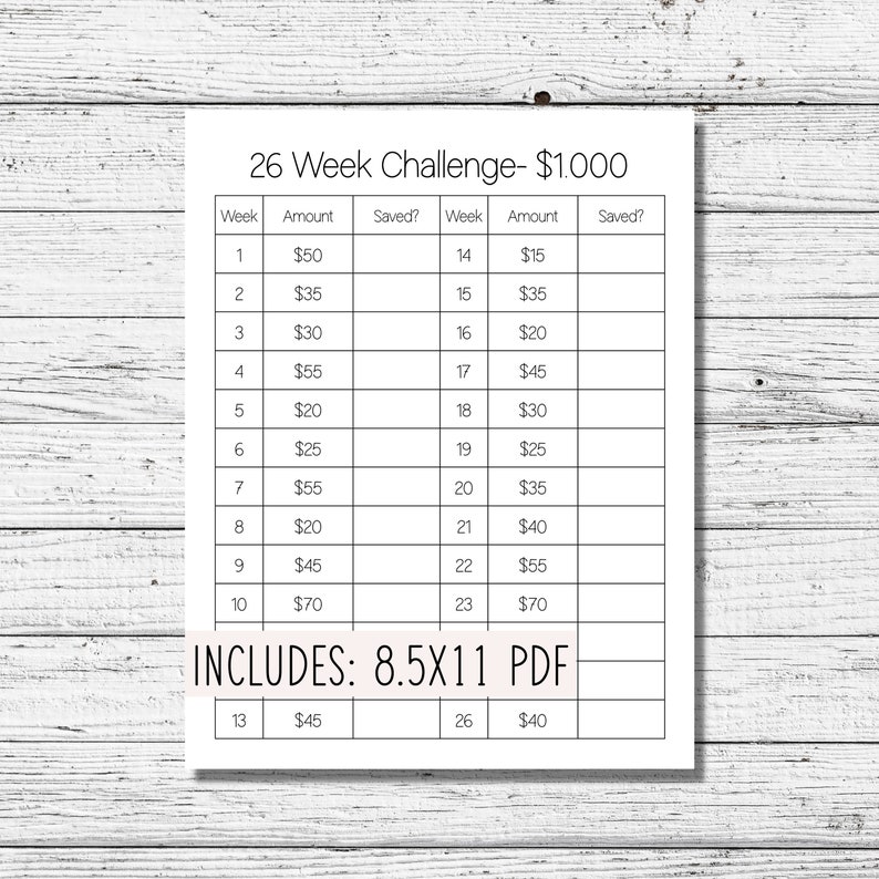 26 Week Saving Challenge, 1k Savings Challenge, 1000 Savings, 1k ...