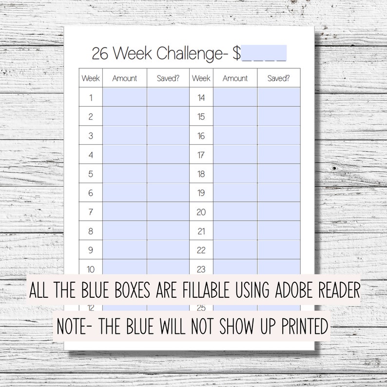 26 Week Savings Challenge Editable, 26 Week Challenge, 26 Week Savings ...