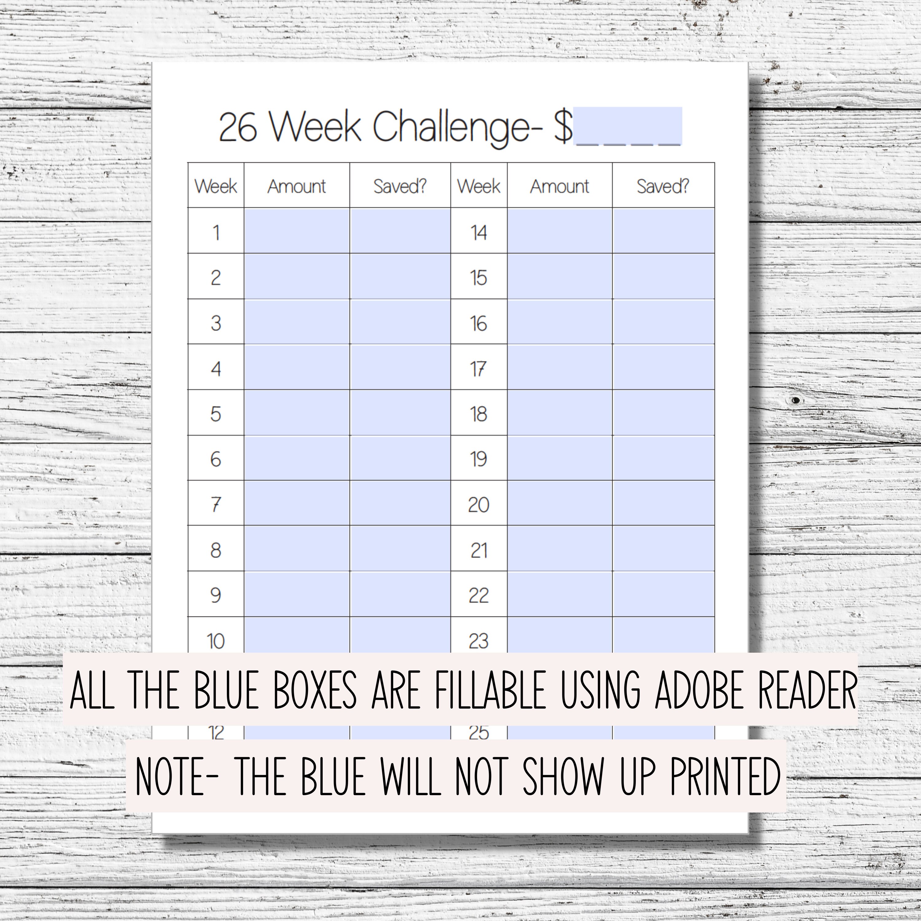 26 Week Savings Challenge Editable, 26 Week Challenge, 26 Week Savings ...