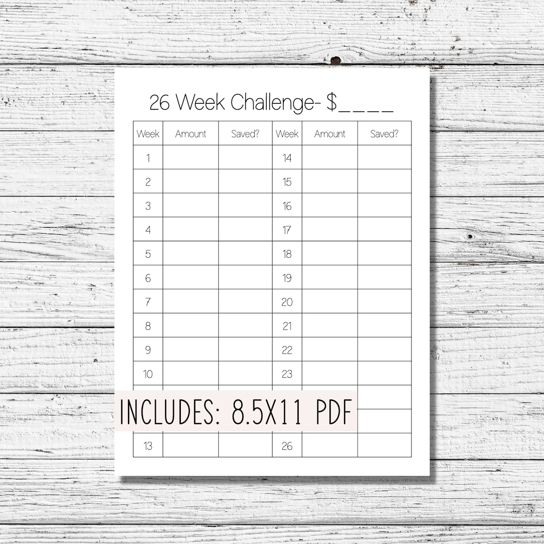 26 Week Savings Challenge Editable, 26 Week Challenge, 26 Week Savings ...