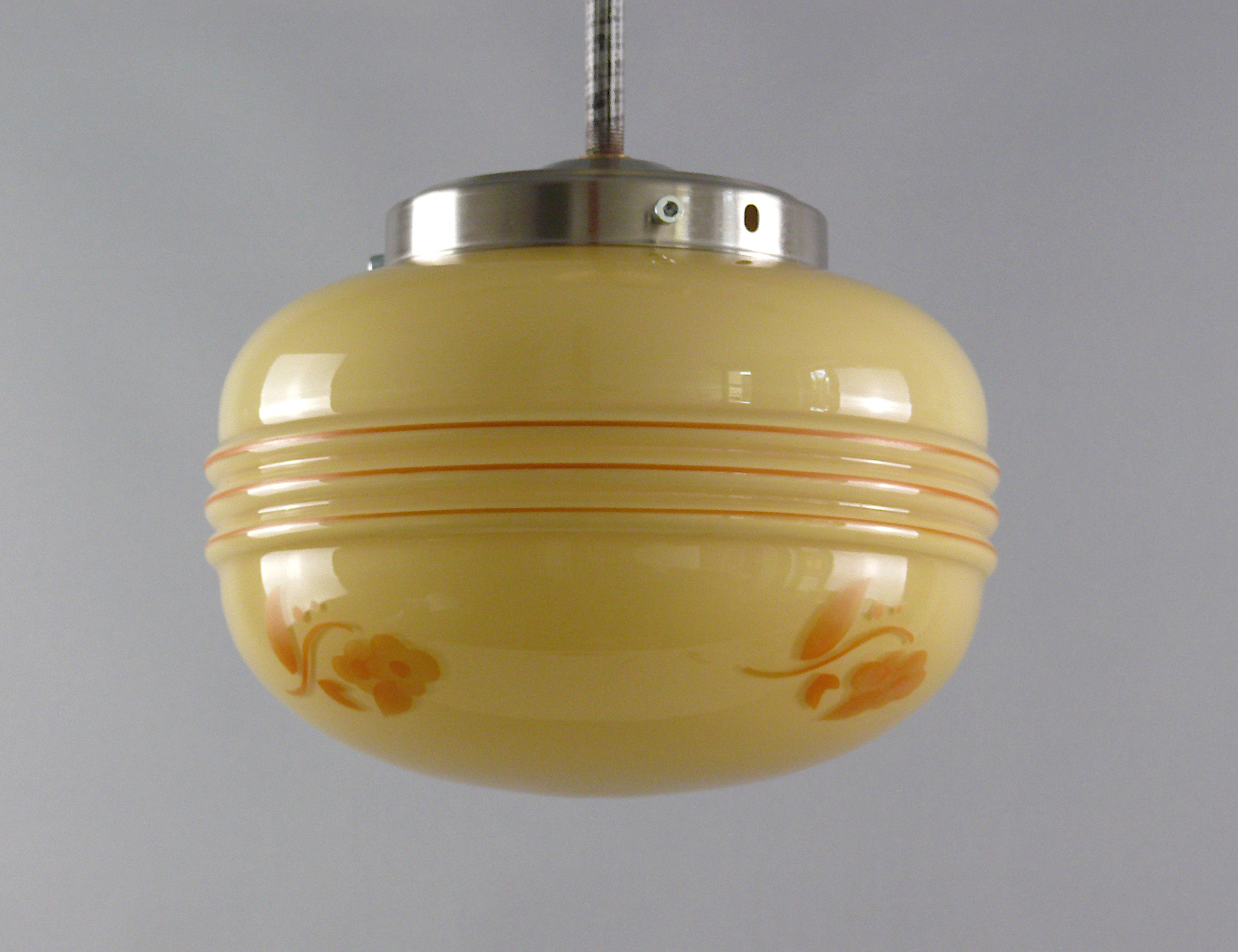 Art Deco rod pendant light with decorative glass shade and metal ...