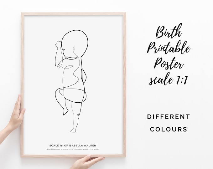PRINTABLE CUSTOM BIRTH Poster, Newborn Illustration in Scale 1:1, Birth ...