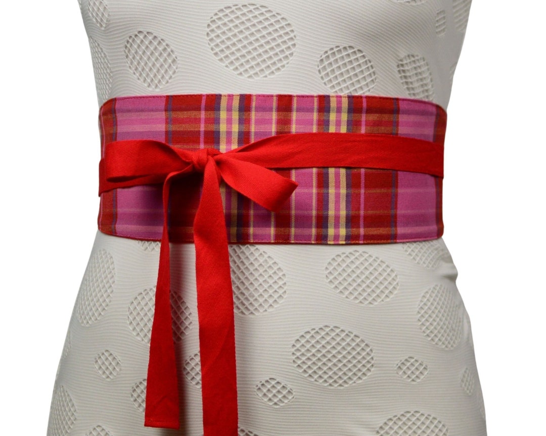 Reversible Obi Belt, Pink Tartan and Solid Red Fabric Belt, Wide Wrap ...