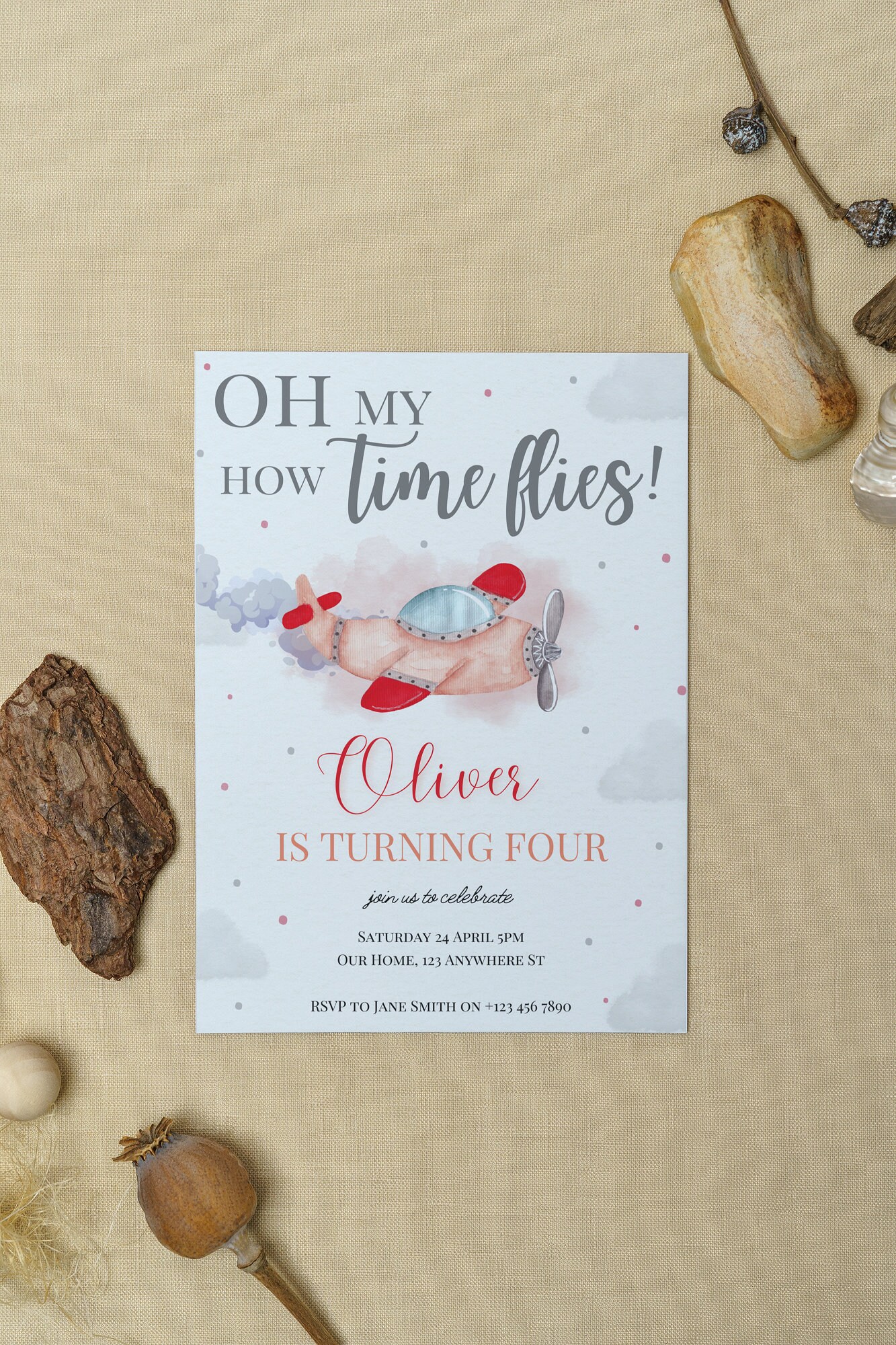 Airplane Birthday Invitation, Digital Printable Card, Aviation ...