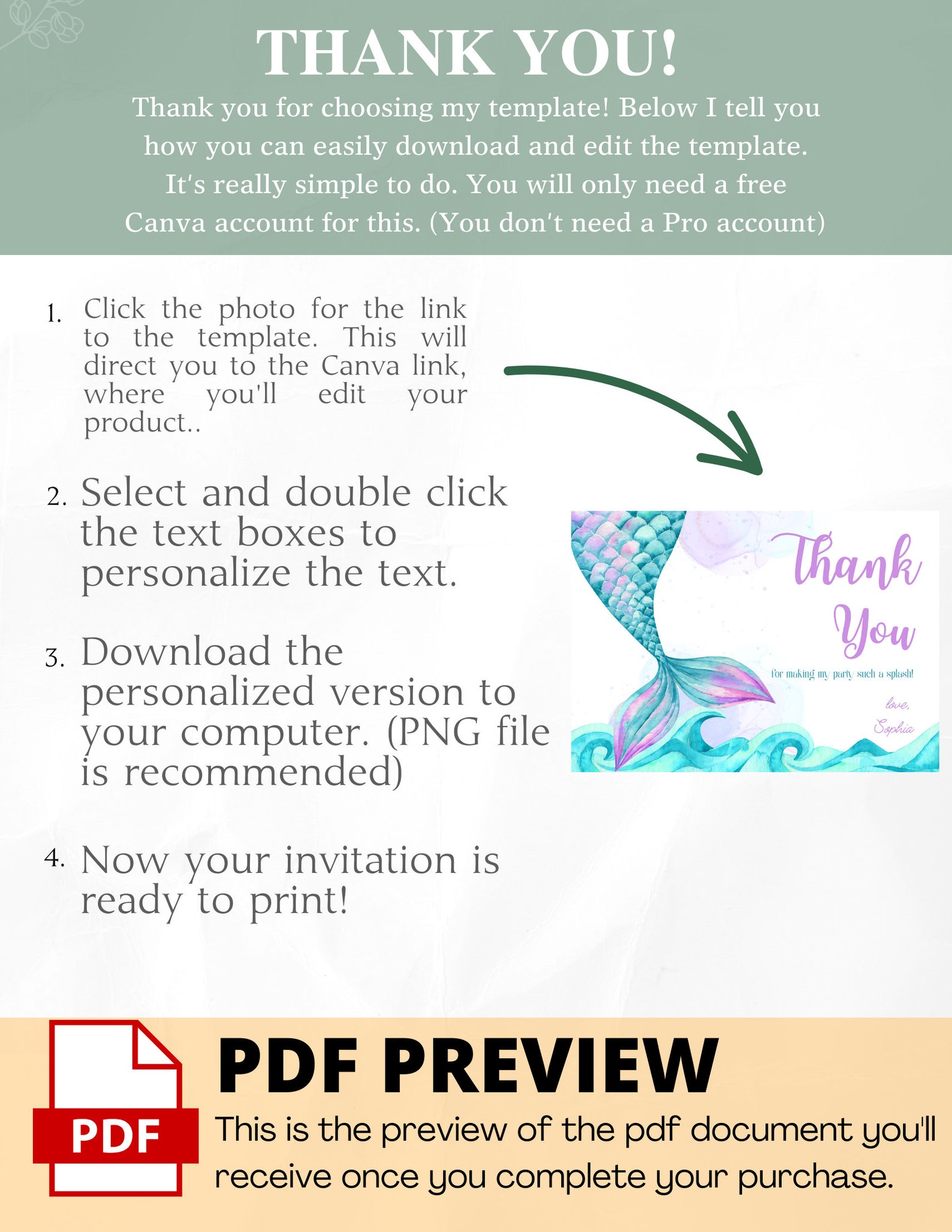 Mermaid Thank You Card, Printable Favor Tag, Birthday Thank You Card ...