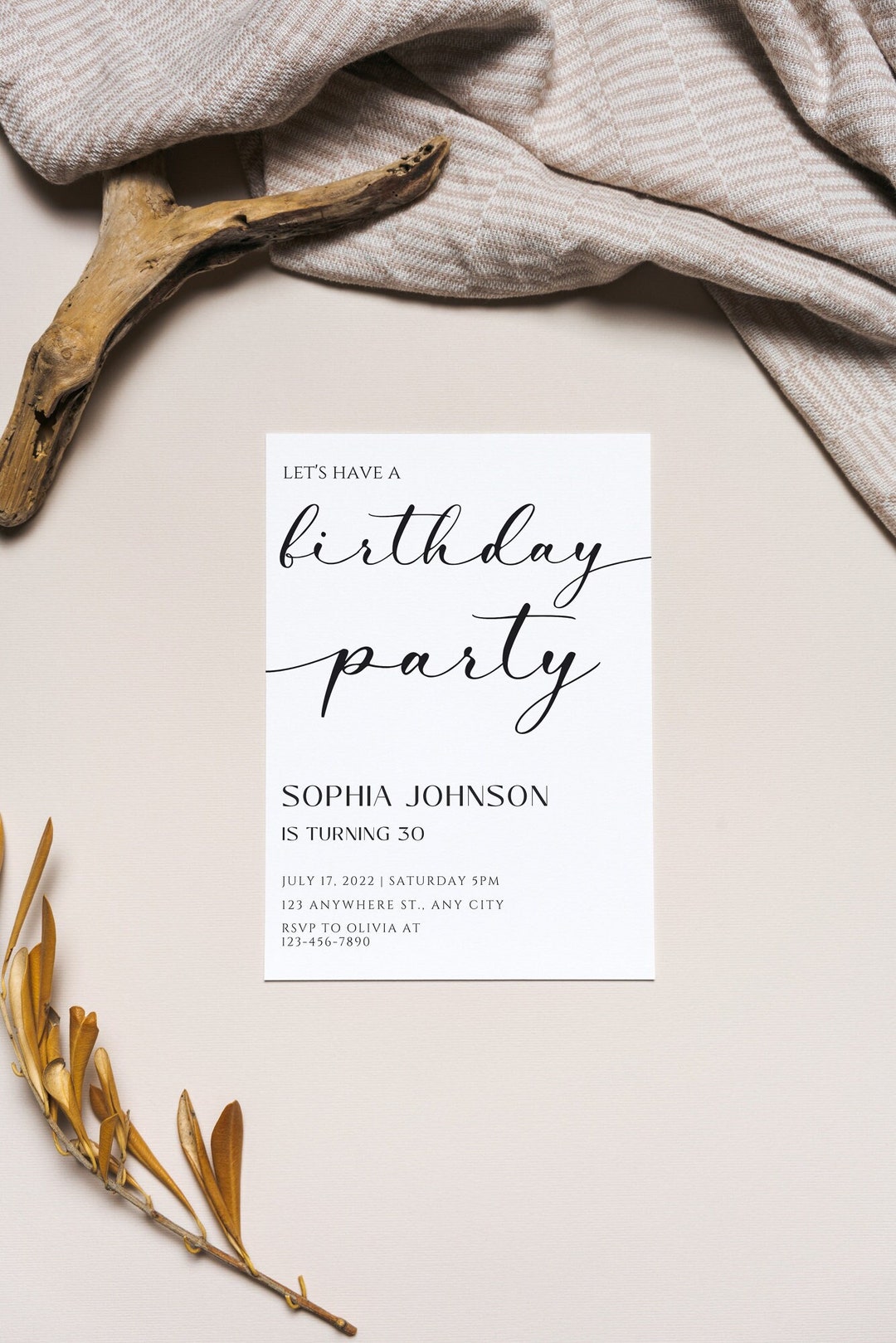 Minimalist Birthday Invitation, White Birthday Card, Simple Invitation ...