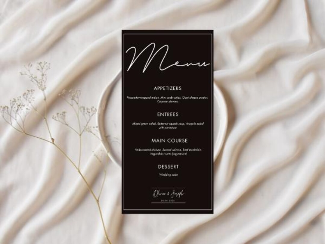 Black Wedding Menu Card Template, Minimalist Menu Template for Wedding ...