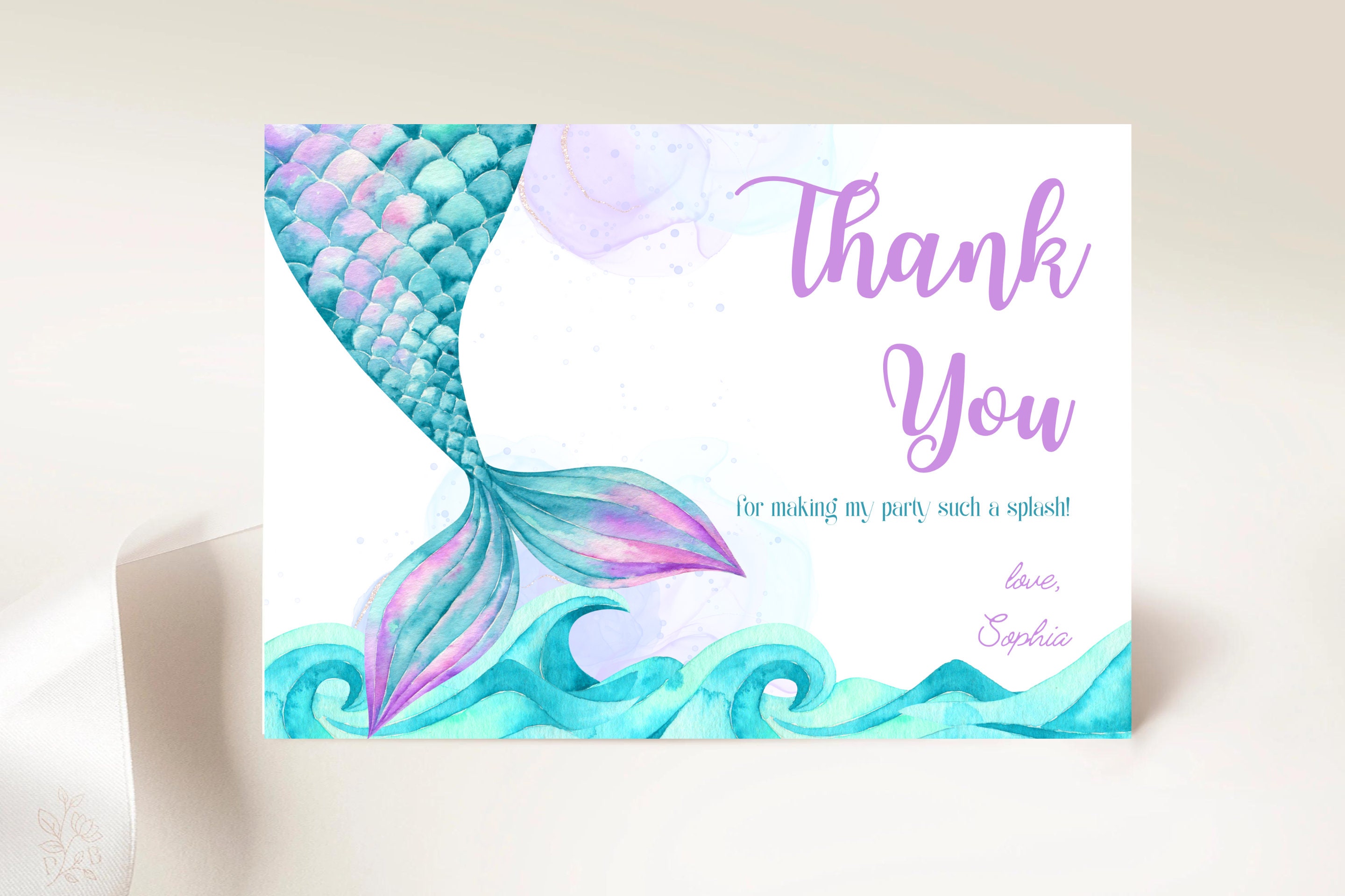 Mermaid Thank You Card, Printable Favor Tag, Birthday Thank You Card ...