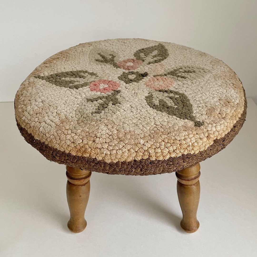 Vintage Foot Stool With Floral Punch Needle Hooked Top and Wooden Legs ...