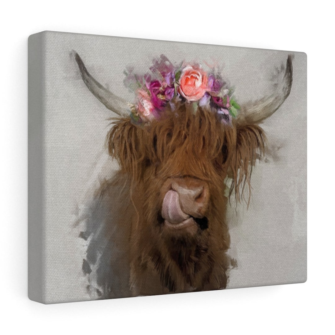 Adorable Highland Cow Flower Crown Canvas Artwork, Beautiful Wildlife ...
