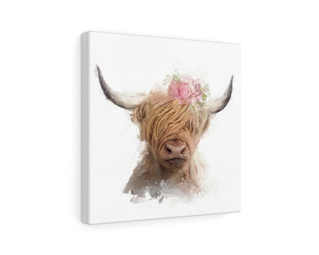 Highland Cow Flower Crown Canvas Artwork, Beautiful Wildlife Art Print ...
