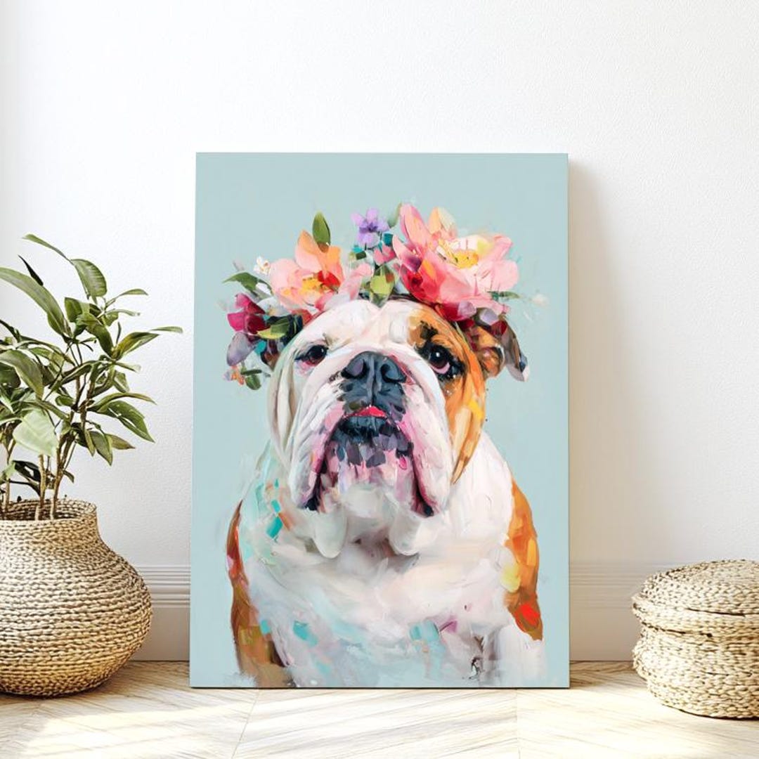 Bulldog Canvas Print: Colorful Flower Crown Dog Wall Art - Etsy