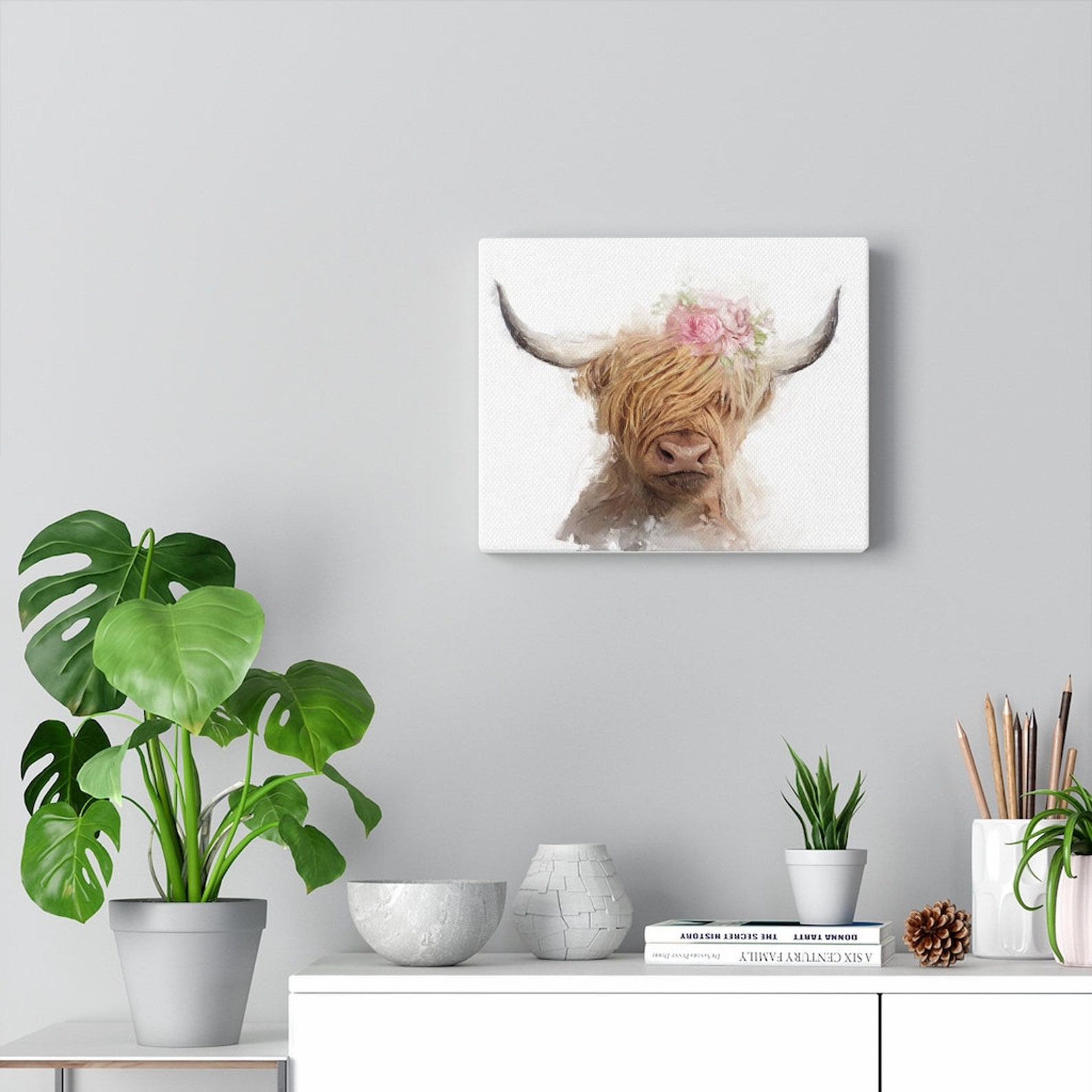 Cute Highland Cow Flower Crown Canvas Artwork Beautiful | Etsy