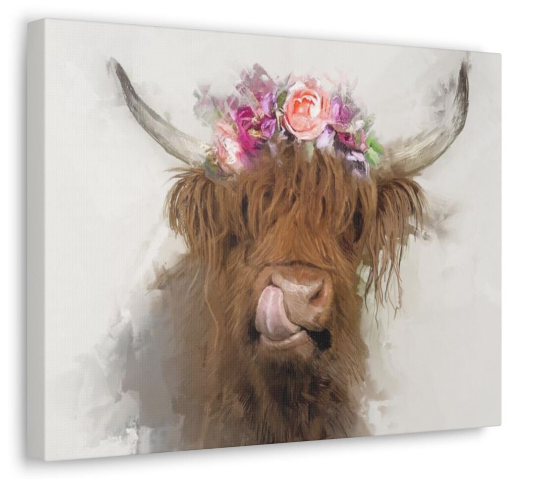 Highland Cow Flower Crown Canvas Artwork No.2, Beautiful Farm Art ...