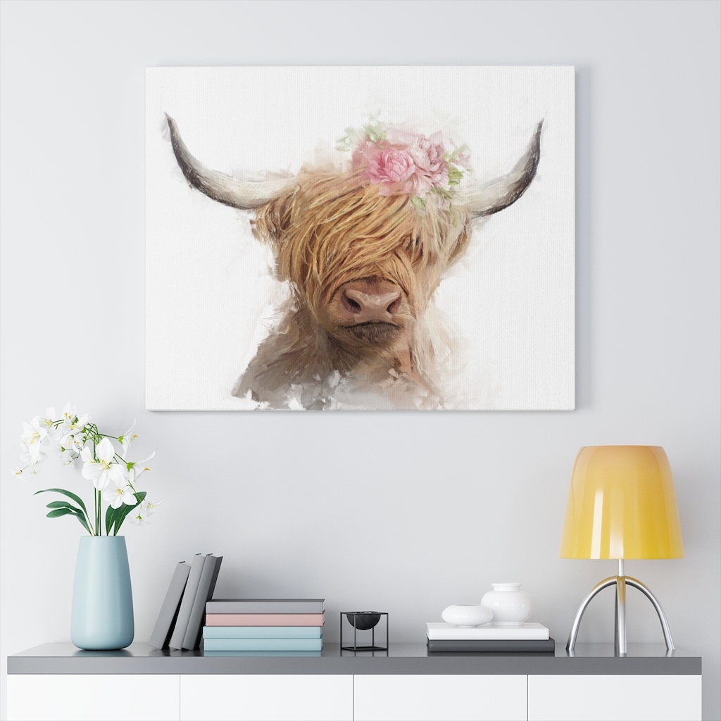 Cute Highland Cow Flower Crown Canvas Artwork Beautiful | Etsy
