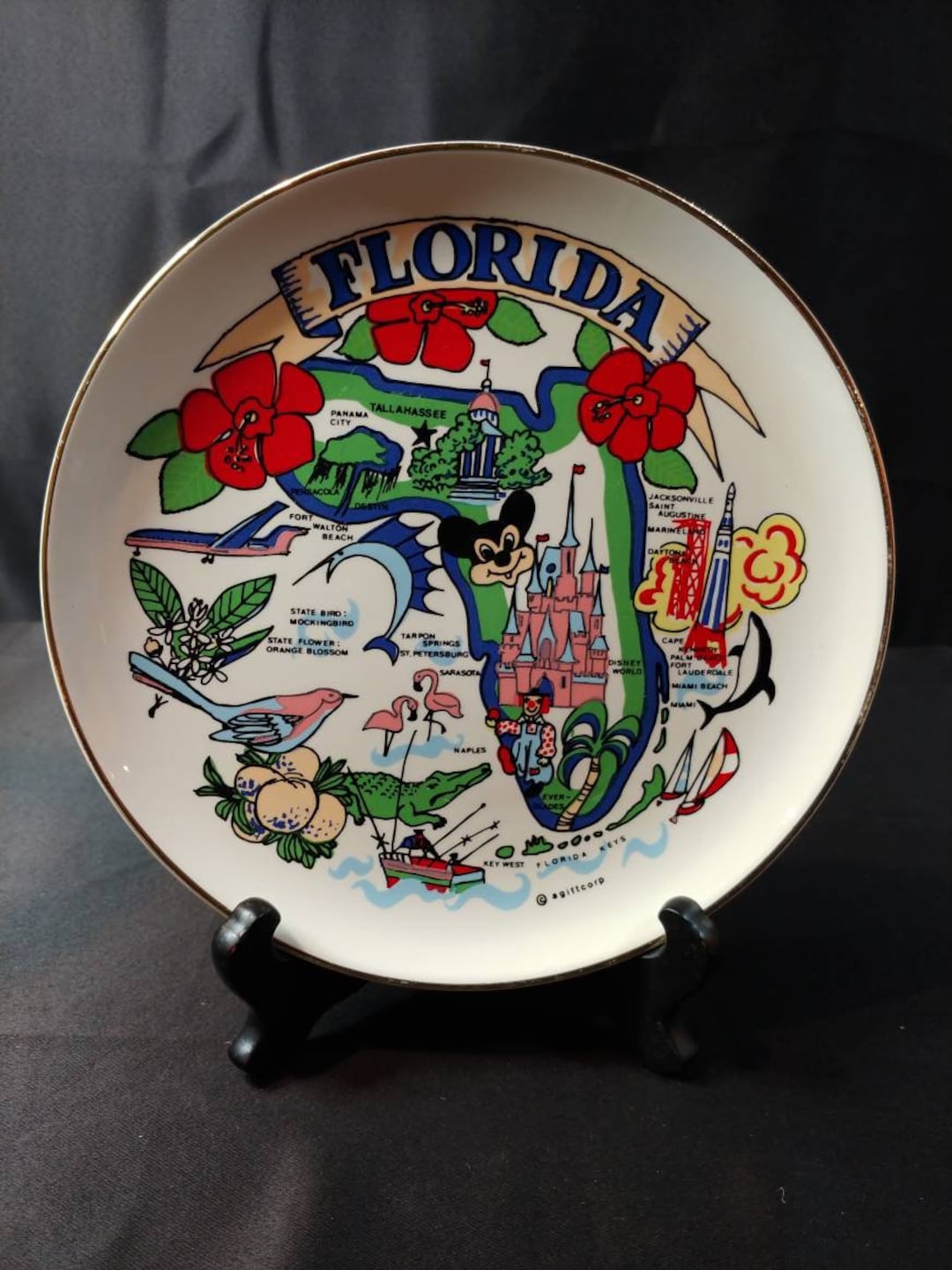 Fix-vintage Florida Souvenir State Map Attractions Plate - Etsy