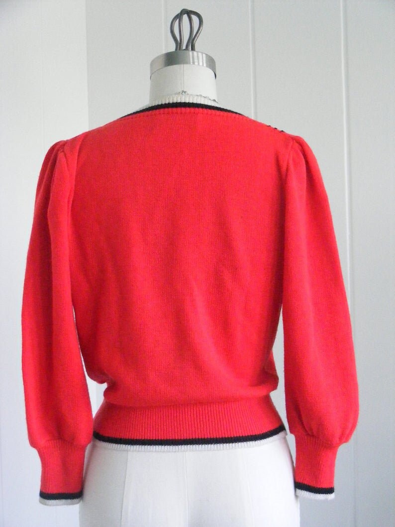 1970 Vintage Short Waist Red Wrap Sweater With White Leaves...size M/L ...