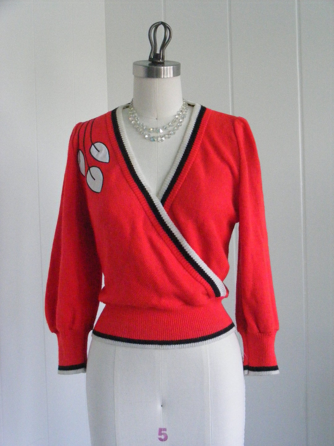 1970 Vintage Short Waist Red Wrap Sweater With White Leaves...size M/L ...