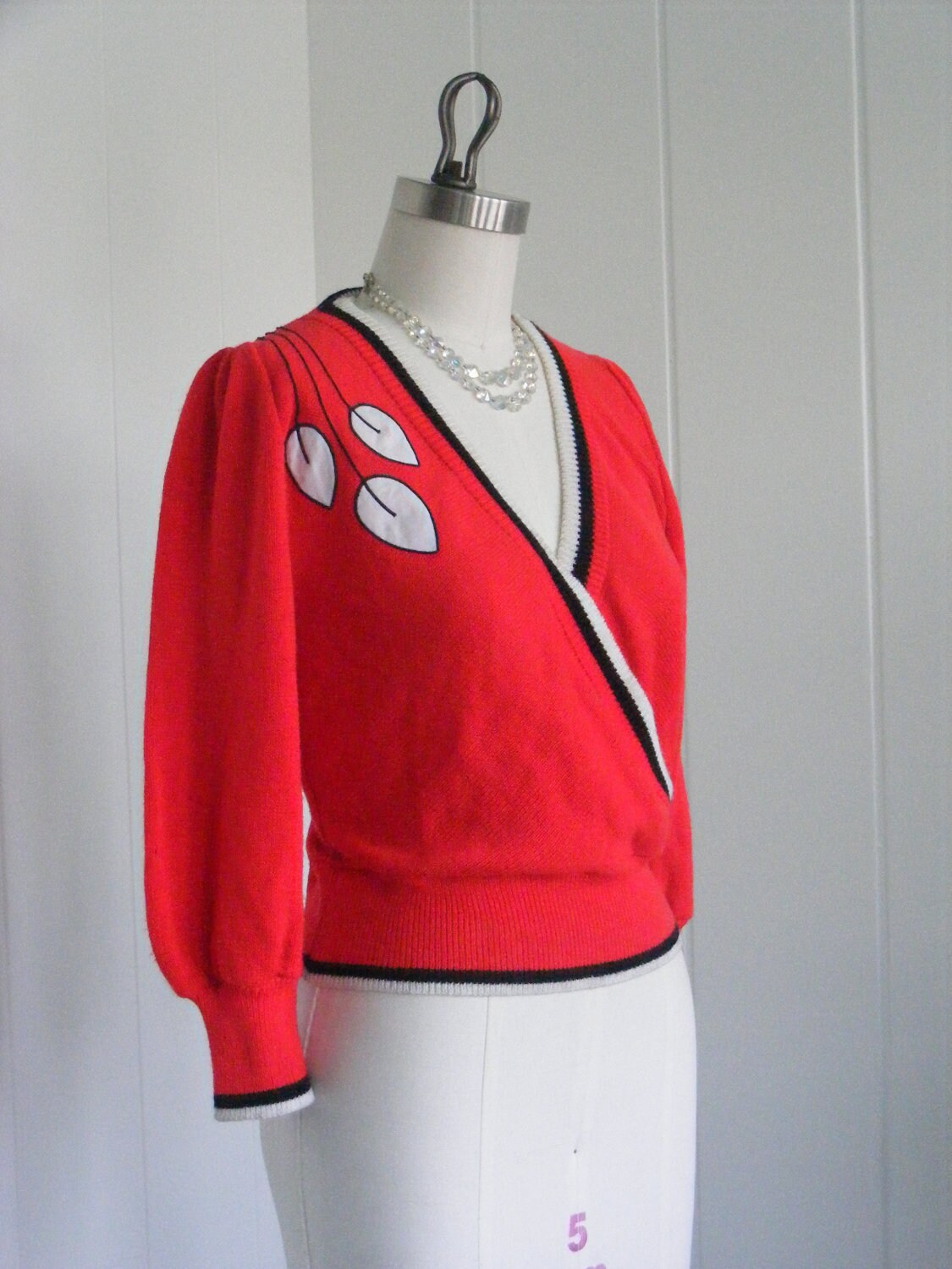 1970 Vintage Short Waist Red Wrap Sweater With White Leaves...size M/L ...