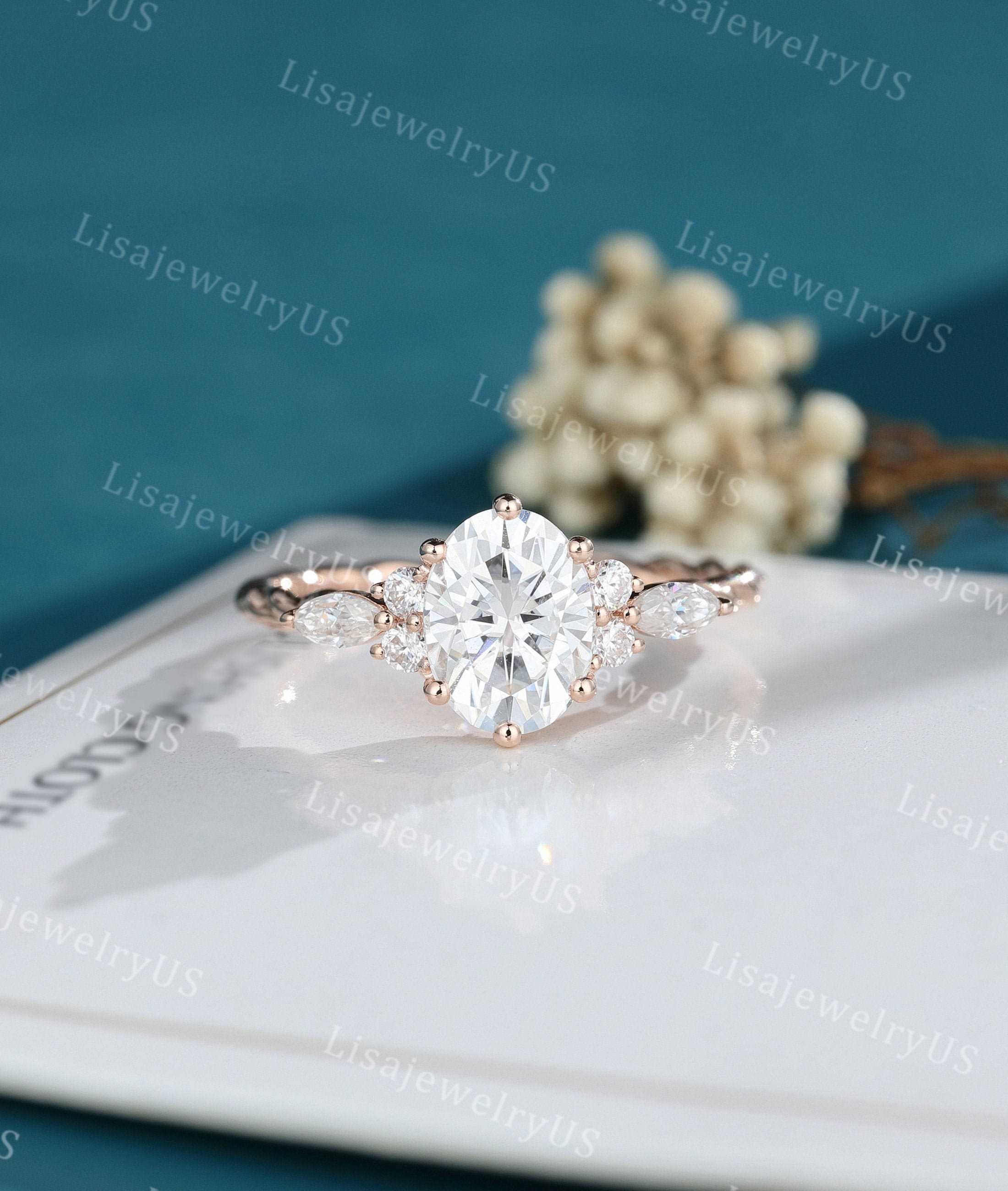 Oval Moissanite Engagement Ring Set Rose Gold Vintage Ring Set - Etsy