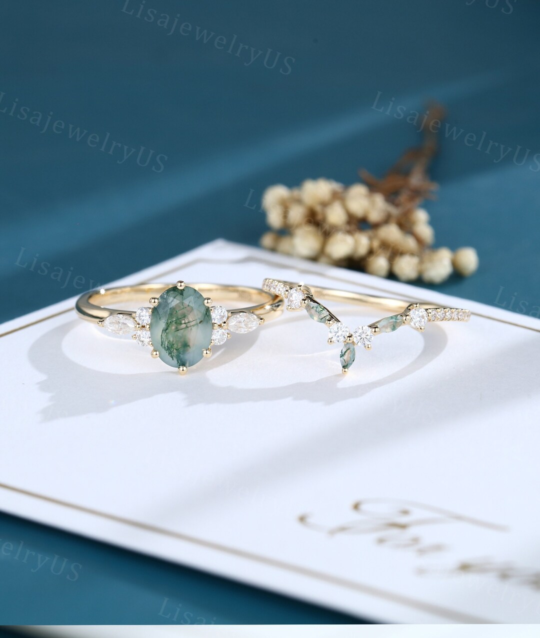 Oval Moss Agate Engagement Ring Set Vintage Moissanite Ring Set Yellow ...
