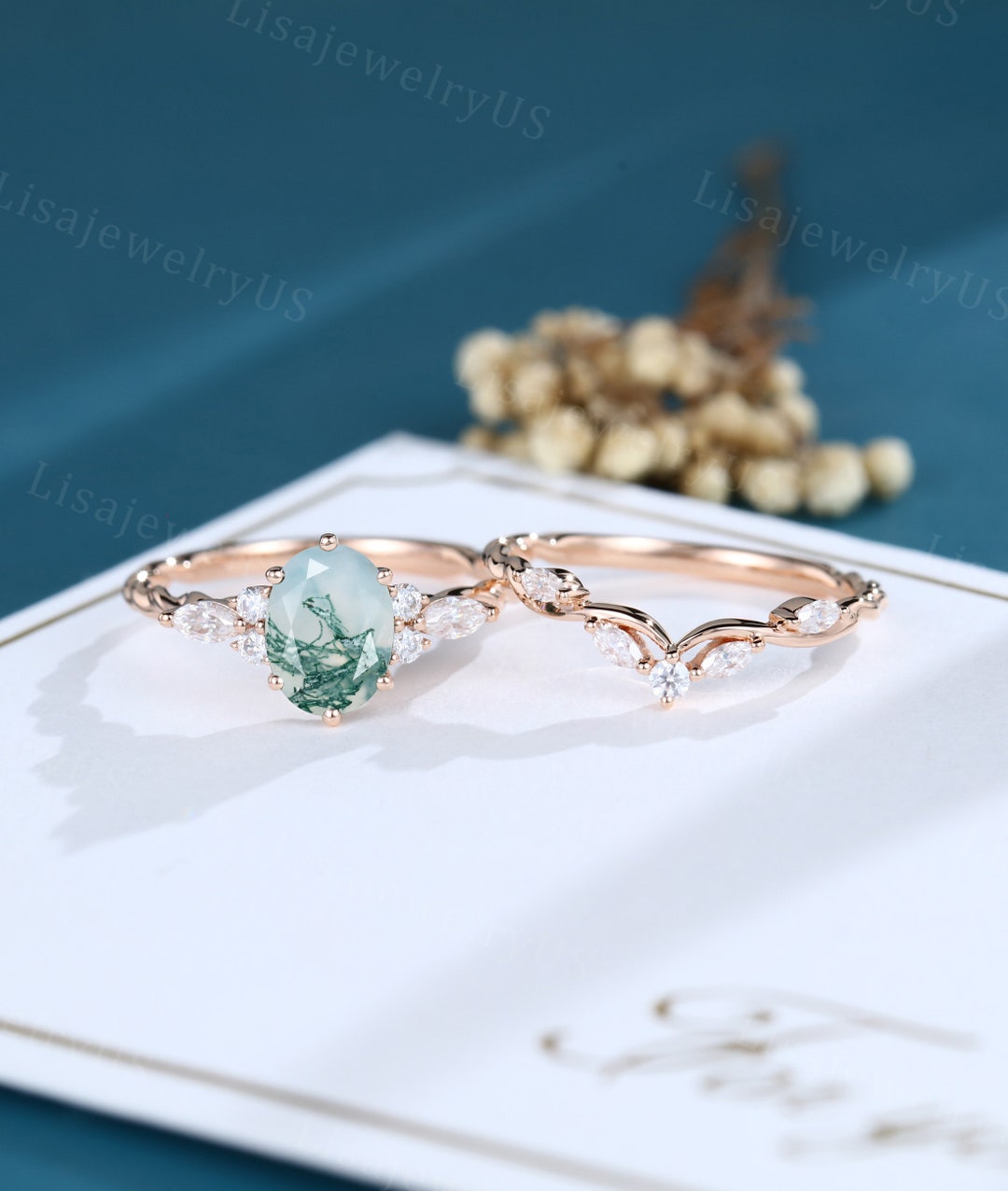 Oval Moss Agate Engagement Ring Set Rose Gold Vintage Ring Set Dainty ...